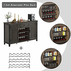 FATORRI Industrial Coffee Bar Cabinet with Wine Rack, Wood Buffet and Sideboard with Storage Cabinet, Rustic Credenza Cupboard for Kitchen Dining Room (55.12 Inch, Walnut Brown)