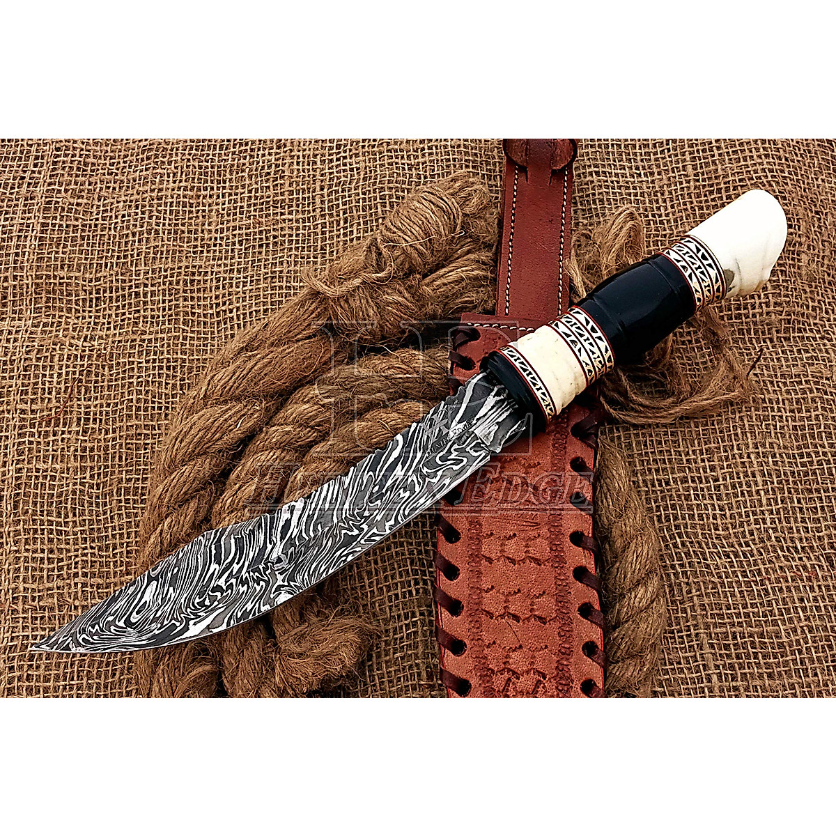 HUNTEX Unique Custom Handmade Hand-Forged Ladder Pattern Damascus Steel 12 Inch Long Full Tang Buffalo Horn Handle Razor Sharp Hunting Camping Spay Point Slicer Knife with Genuine Leather Sheath