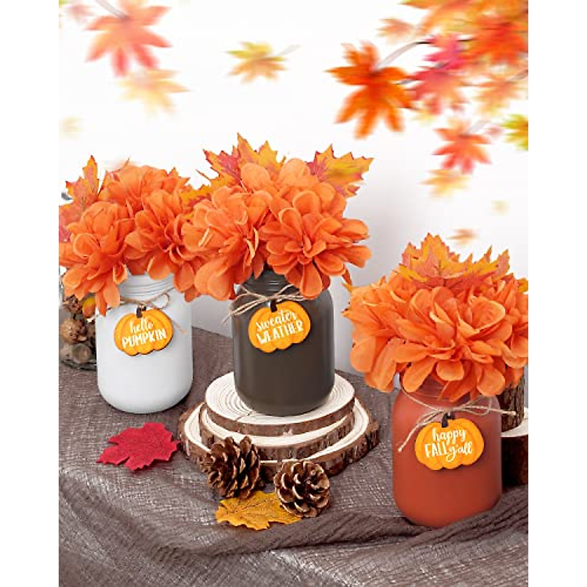 Nefelibata Fall Mason Jar Floral Arrangement Table Centerpiece with Faux Maple Leaves Pumpkins Slices Autumn Farmhouse Decor Tiered Tray Happy Fall Y'all Home Ornaments Set of 3 Orange-White-Brown