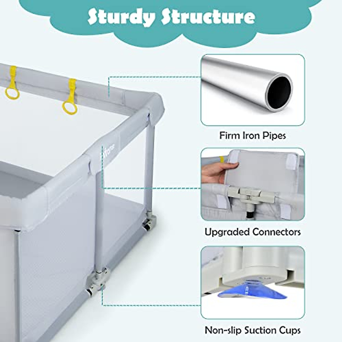 INFANS Baby Playpen Foldable, 50’’x50’’ Large Baby Playard for Toddlers with Gate, Soft Visible Mesh, Indoor Outdoor Kids Activity Center Baby Fence with 4 Handlers 50 Ocean Balls (Gray)