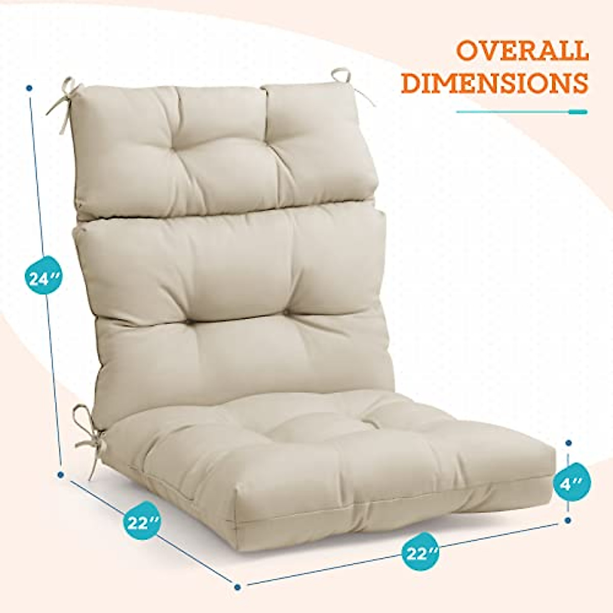 EAGLE PEAK New Tufted Outdoor/Indoor High Back Patio Chair Cushion, Set of 2, 44'' x 22'', Beige