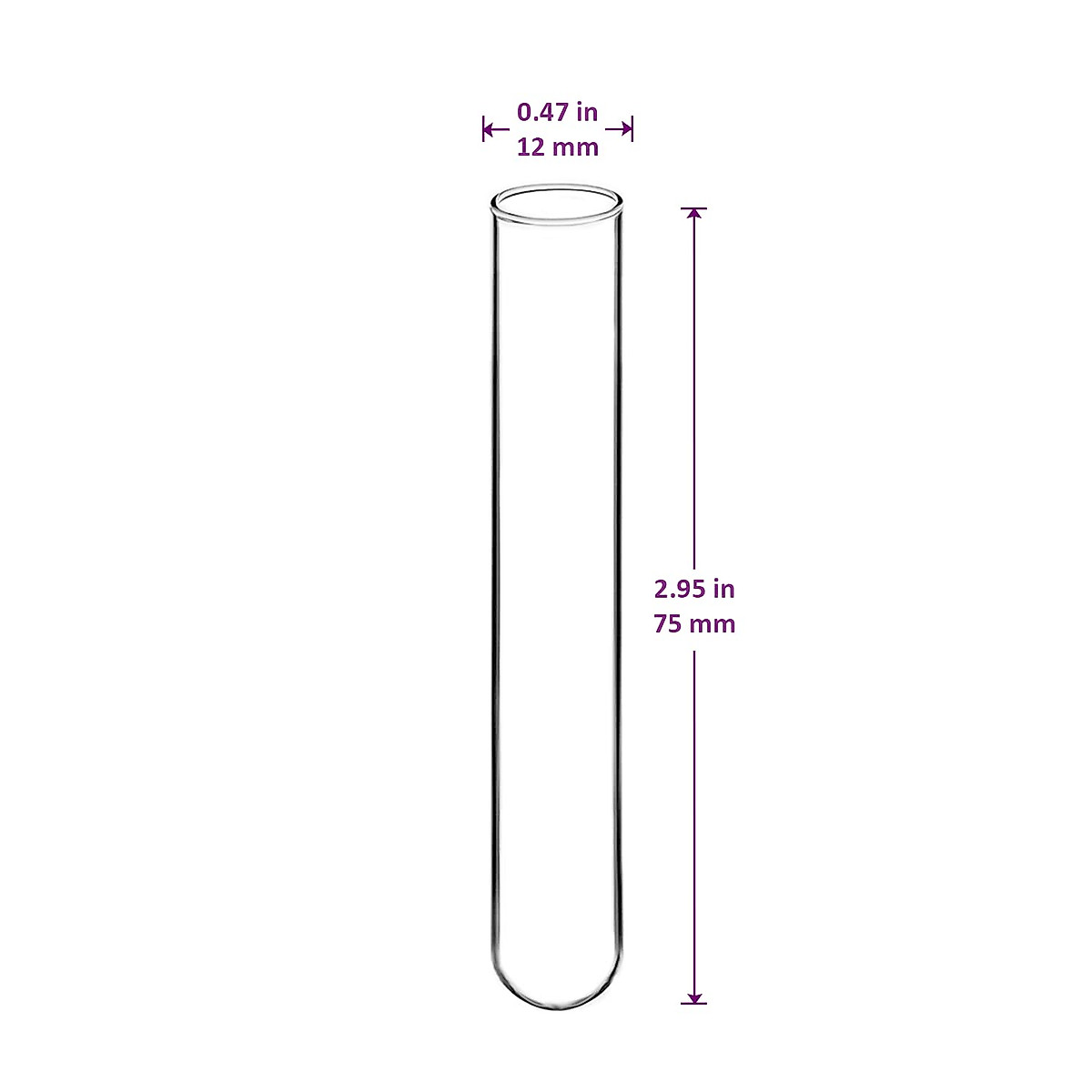 BorinGlass Glass Test Tubes, Sturdy Round Bottom Clear Test Lab Tubes (100, 12x75 mm)
