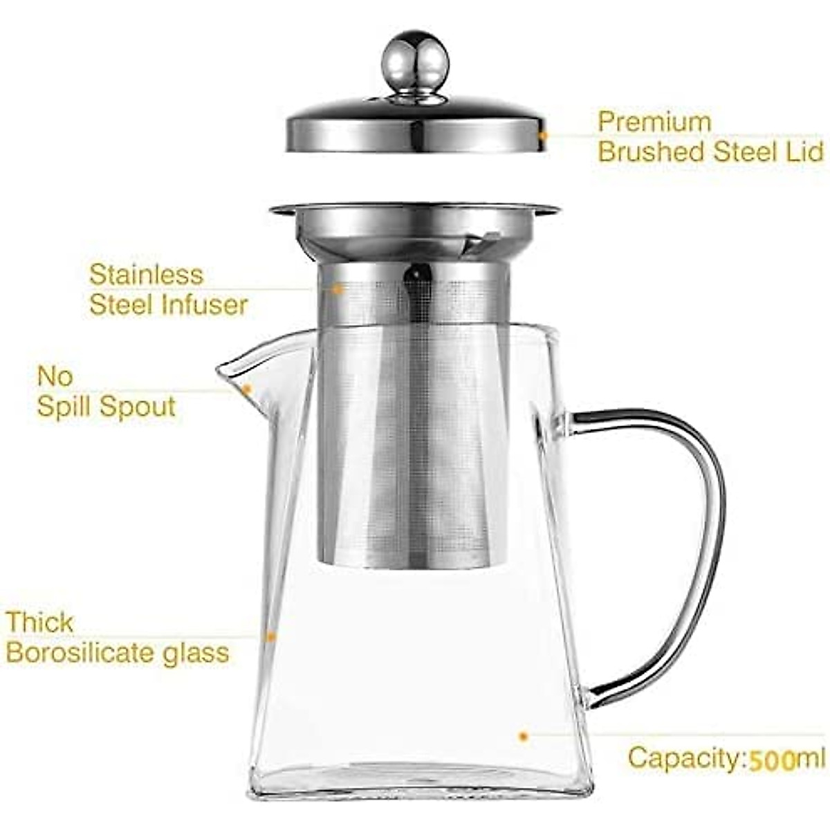 Aottop Square Glass Teapot with Infuser, 500 ml Borosilicate Tea Pot with Strainer, Clear Leaf Tea Pots for Loose Tea (500ML)