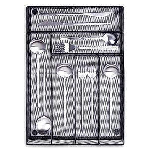 WuGeShop 6 Compartments Metal Mesh Kitchen Flatware Organizer Tray, Silverware Drawer Organizer/Utensil Holder and Cutlery Tray with Non Slip Mat (Black)