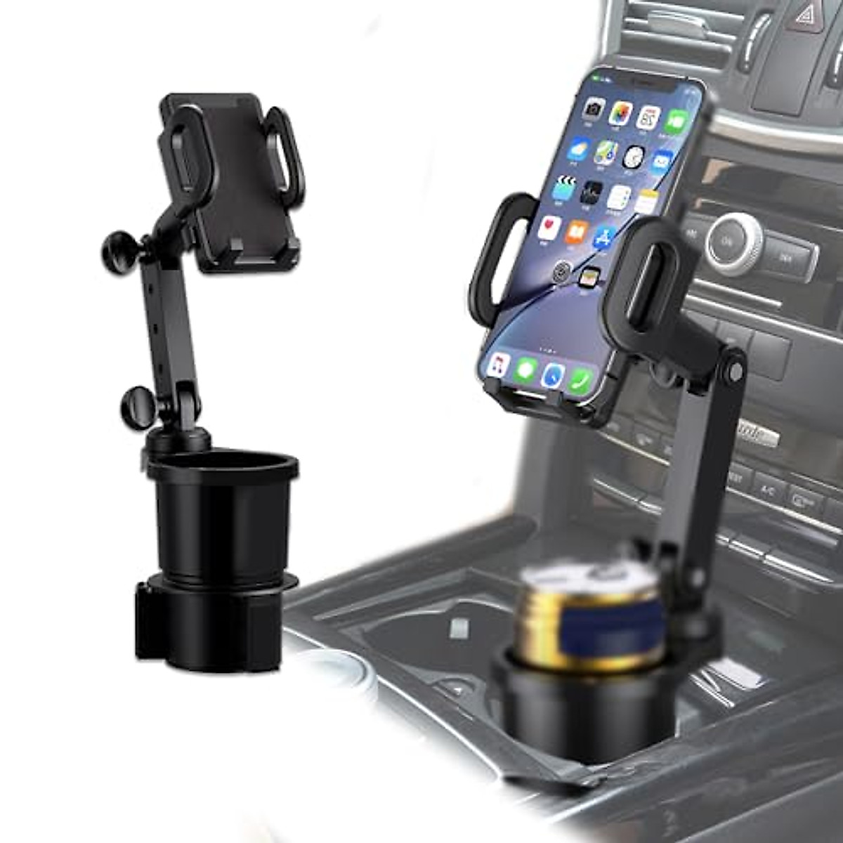 Cup Holder Phone Mount for Car, Cell Phone Cup Holder Car Mount, Car Cellphone Large Adapter Long Arm with 360 Degree Rotation, 2 in 1 Car Cup Phone Holder Fits Most Bottles and Smartphones