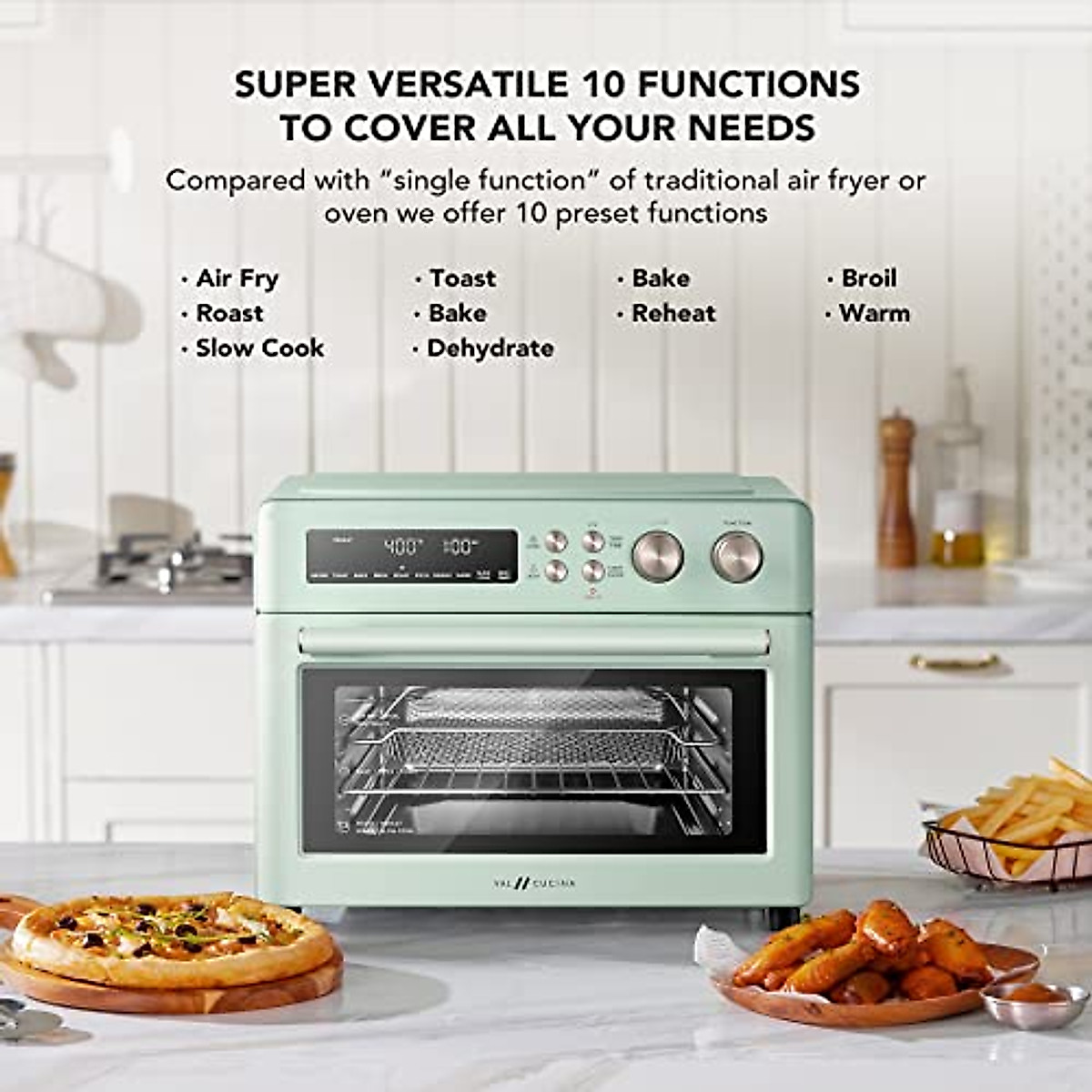 VAL CUCINA Retro Style Infrared Ultra-Quick Air Fryer Toaster Oven, Multifunctional 10-in-1 XL Countertop Convection Oven, 6-Slice Toast, 12-Inch Pizza, Enamel Baking Pan for Easy Cleaning, with Bake, Toast, Roast, Broil, Pizza, Reheat, Slow Cook, Dehydra