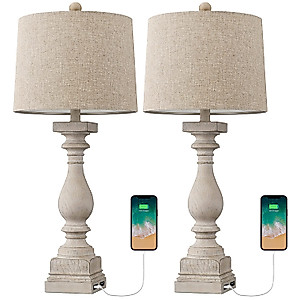 BOBOMOMO 27" Table Lamp with USB C+A Charging Ports Set of 2 Antique Nightstand Lamp for Bedroom Living Room Farmhouse Office Retro Rustic Resin Bedside Desk Lamps Washed White