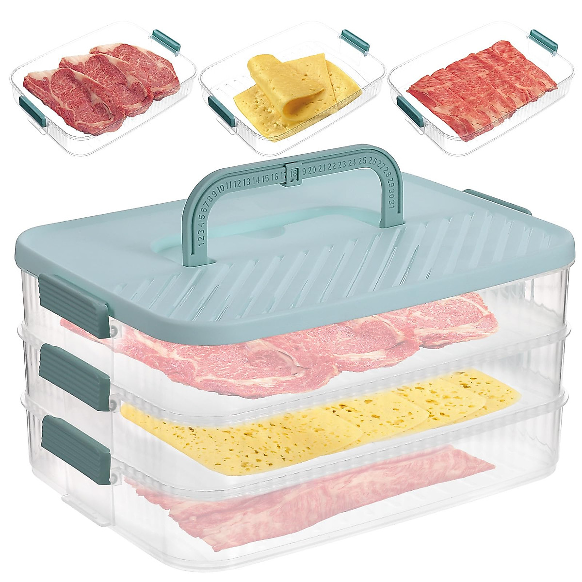 MAQUITA Deli Meat Container for Fridge, 3 Layer Lunch Meat Container for Refrigerator Ham and Deli Meat and Cheese Containers Bacon Storage Container with Tongs