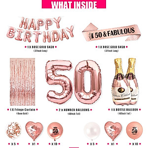 PartyForever Happy 50th Birthday Decorations for Women Rose Gold Supplies Big Set including Happy Birthday Banner with 50 and Fabulous Bday Sash for Her Party Decor