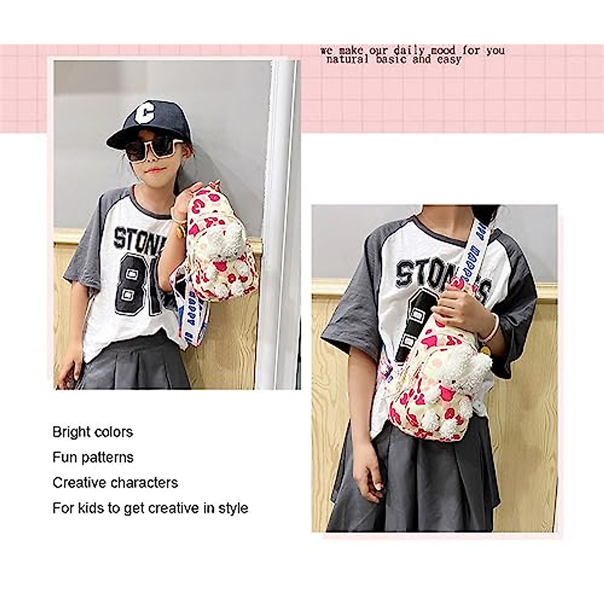 Hiflyer Kids Sling Bag, Kids Backpack Kawaii Bag Kids Travel Bag Chest Bag, Kids Crossbody Bag Mini Backpack for Girls (Pink)