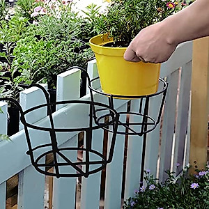 6 Pcs Round Hanging Railing Planters Basket, Metal Flower Pot Holder, Planter Potted Stand Iron Rack Fence Support Stand Shelf with Detachable Hook for Balcony, Garden, Indoor and Outdoor, Black