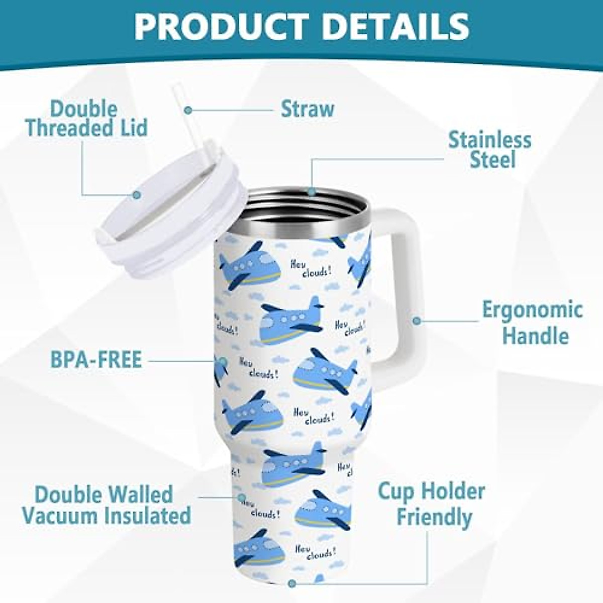 ARGTILDN 40 oz Tumbler Aircraft Airplane Blue Insulated Travel Mug with Handle and Straw Lid Stainless Steel Vacuum Coffee Cup Tea Beverage Container Water Bottles for Car Sports office