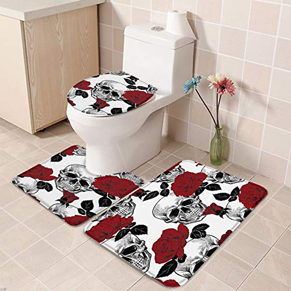 Women Trend 3 Piece Bath Rugs Set Red Rose Leaves Skull Non-Slip Bathroom Mats Absorbent Contour Soft Mat Toilet Lid Cover Bathroom Decor Set- 20"x32"+16"x18"+16"x20"