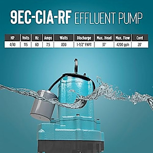 Little Giant 9EC-CIA-RF 115 Volt, 4/10 HP, 4200 GPH Automatic Cast Iron Sump/Effluent Pump with Piggyback Float Switch and 20-Ft. Cord, Blue, 509801