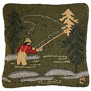 Chandler 4 Corners Artist-Designed Fly Fisherman Hand-Hooked Wool Decorative Throw Pillow (18” x 18”) Lake & Lodge Pillow for Couches & Beds - Easy Care & Low Maintenance - Fishing Pillow for Cabins
