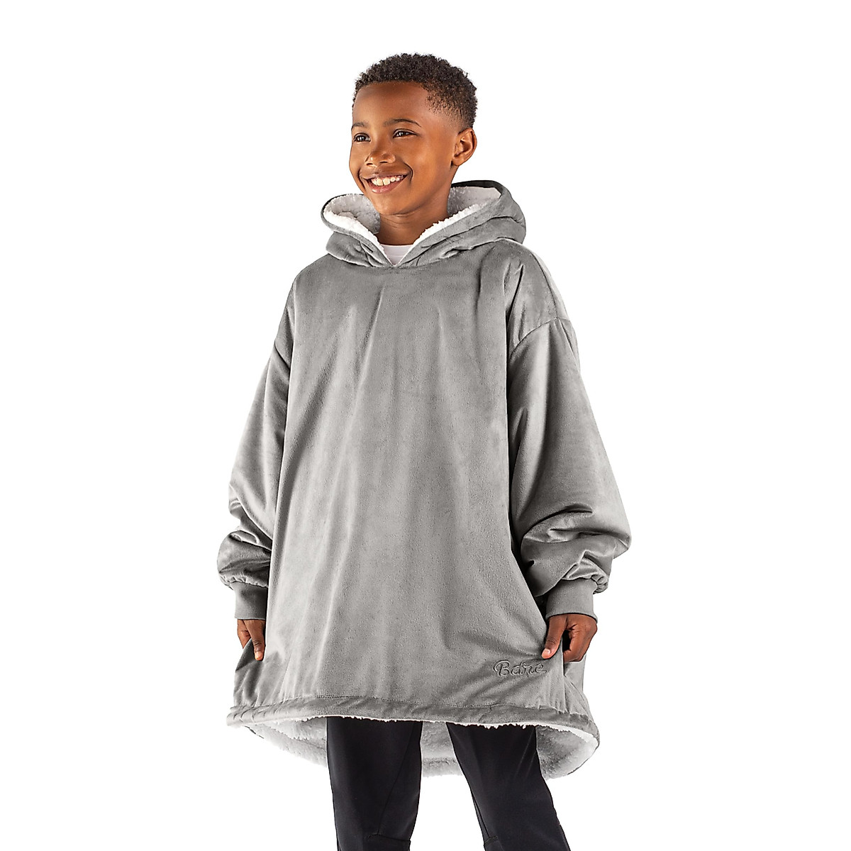 Bare Home Sherpa Fleece Wearable Blanket - Oversized Wearable Blanket Hoodie - Kids Size - Warm & Cozy - Soft Blanket - Comfortable Blanket Sweatshirt with Dual-Sided Pockets (Kids, Light Grey)