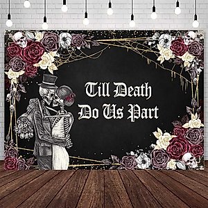 AIBIIN 7x5ft Halloween Till Death Do Us Part Backdrop Spooky Skull Gothic Wedding Party Decorations Supplies Bridal Shower Bride and Groom Mr and Mrs Anniversary Party Banner Photo Studio Props
