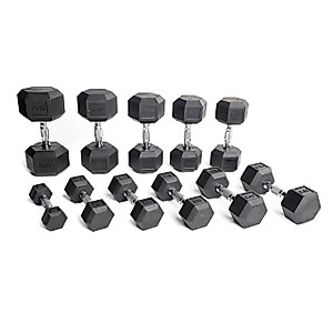 CAP Barbell Rubber Coated Dumbbell Set with Storage Rack (5-70 Lb Set with 3 Tier Stadium Rack, Hex)