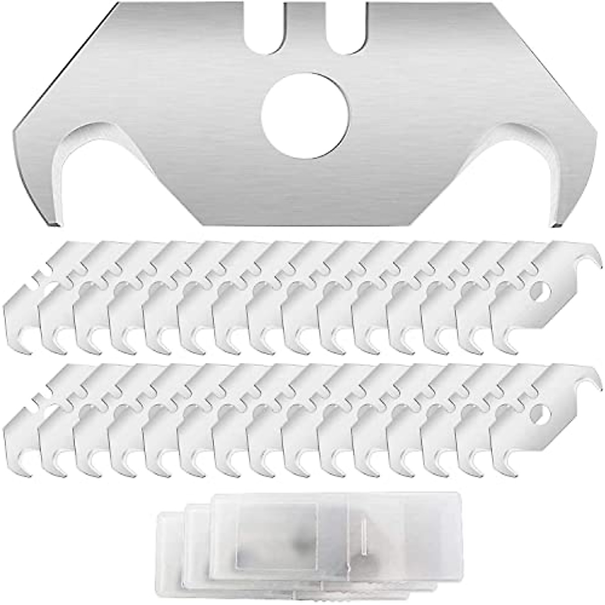 Utility Knife Blades Hooks Carpet Hook,30Pcs Steel Razor Blade Knives with Storage Box for Roofing and Linoleum, Carpenter Replacement Easycut Shingle Cutter to Trim (Utility Knife Blades Hooks Kit)