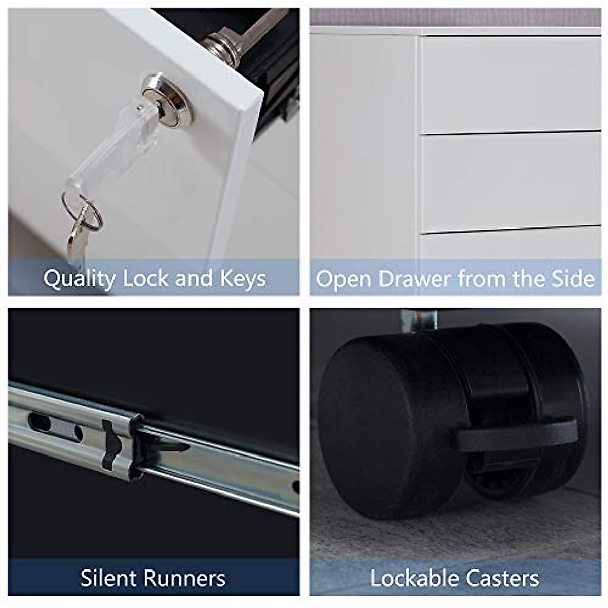 Danxee Fully Assembled Modern Design 3 Drawers Metal Mobile File Cabinet for Legal/Letter Size with Lock Key on Wheels for Home Office (White)