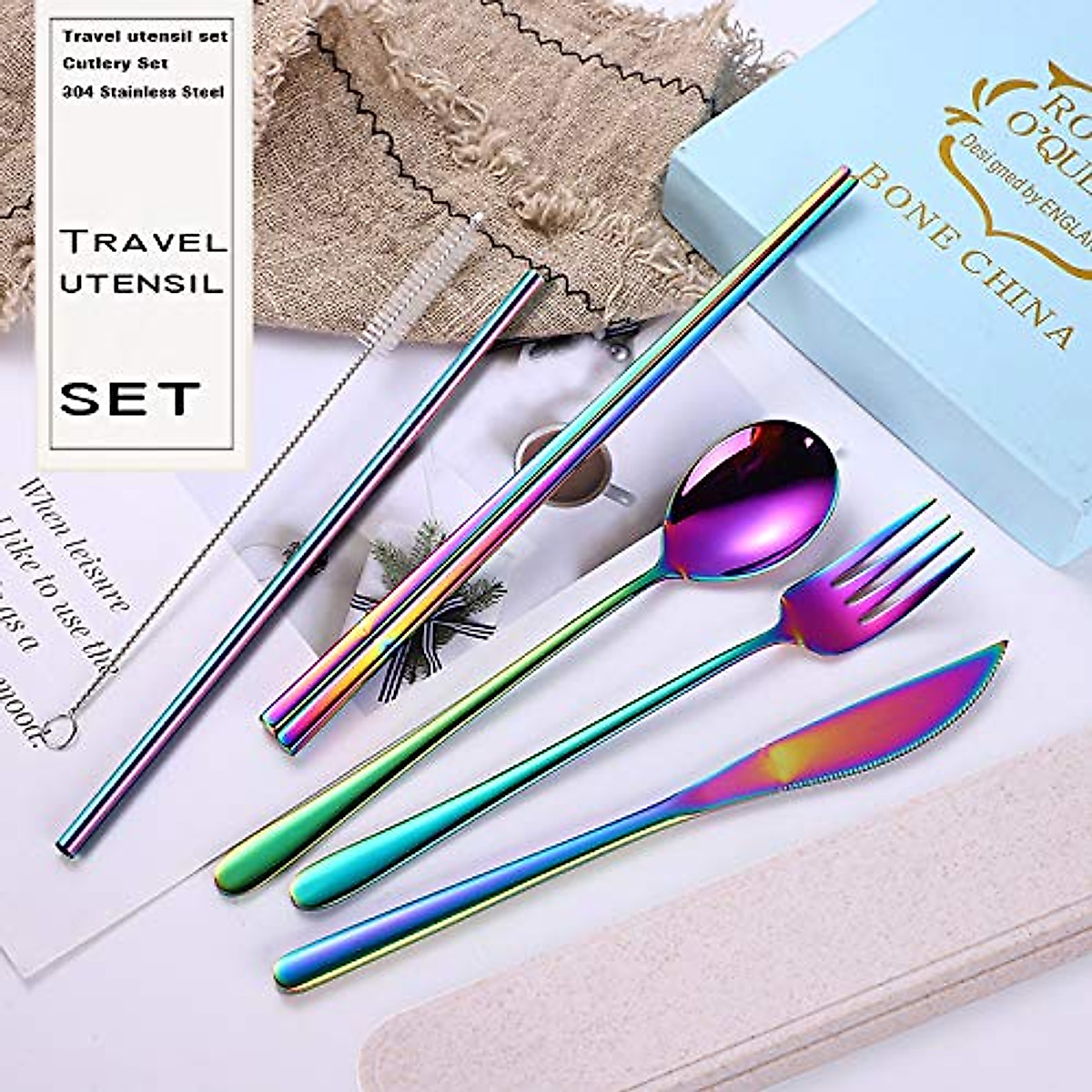 AARAINBOW 6 Pieces 18/8 Stainless Steel Flatware Set Portable Reusable Cutlery Set Travel Utensils Set Including Chopsticks Knife Fork Spoon Straws Cleaning Brush Dishwasher Safe (Multicolored)