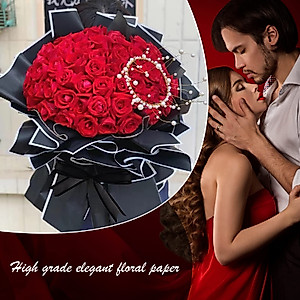 Kosotody 20 Sheets Waterproof Floral Wrapping Paper,Florist Bouquet Packaging Paper with Ribbon, 22.8x22.8 inch (White Edge Black)