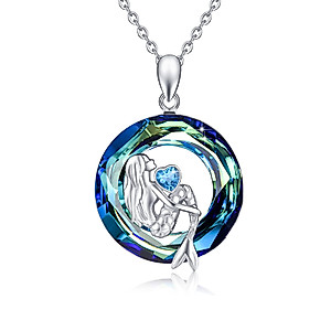 AOVEAO Crystal Mermaid Necklace 925 Sterling Silver Mermaid Ocean Circle Crystal Necklaces Mermaid Jewelry Gifts (Heart Mermaid Necklace)