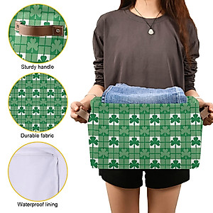 senya St. Patrick's Day Storage Basket, Large Foldable Storage Basket with Handles, Green Shamrocks with Plaid Fabric Collapsible Storage Bins Organizer Bag