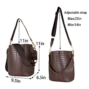 Hirooms Women retro design shoulder bag crocodile leather large capacity bucket handbag (Brown)