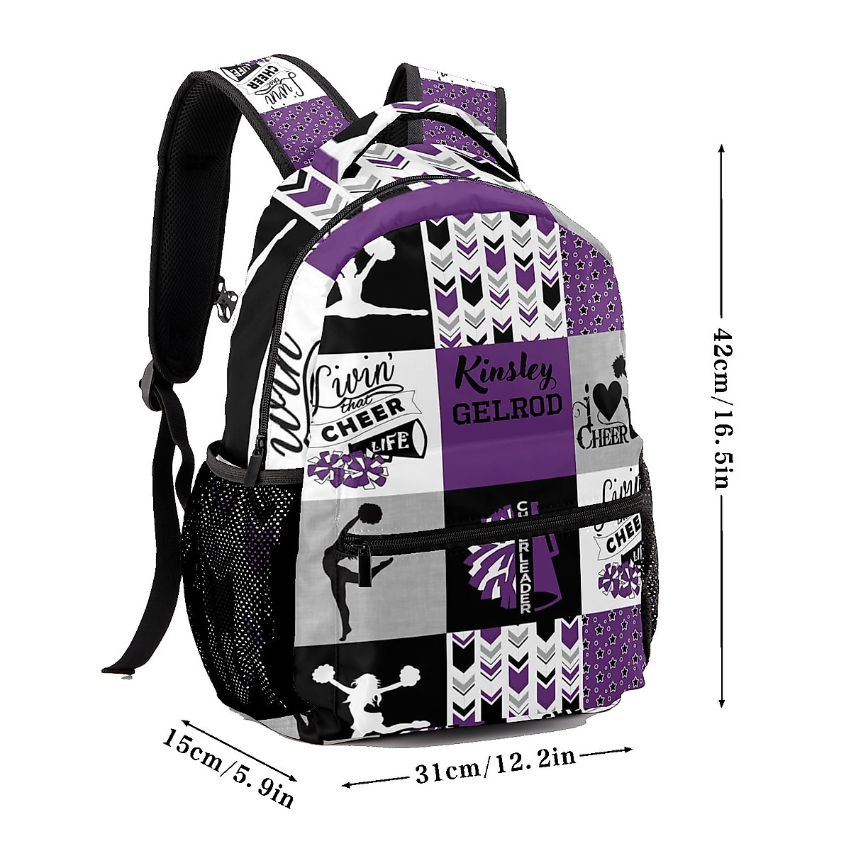 Urcustom Custom Kid Backpack, Grape I Love Cheer Cheerleader Personalized School Bookbag with Your Own Name, Customization Casual Bookbags for Student Girls Boys