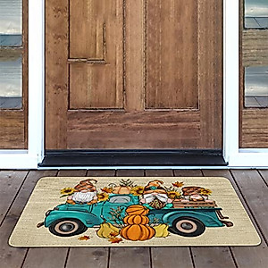 Nutksea Fall Truck Pumpkin Door Mat Thanksgiving Day Autumn Decorative Doormat Gnome Mat for Indoor Outdoor Entrance, Non Slip Rubber Mat 17" x 30”