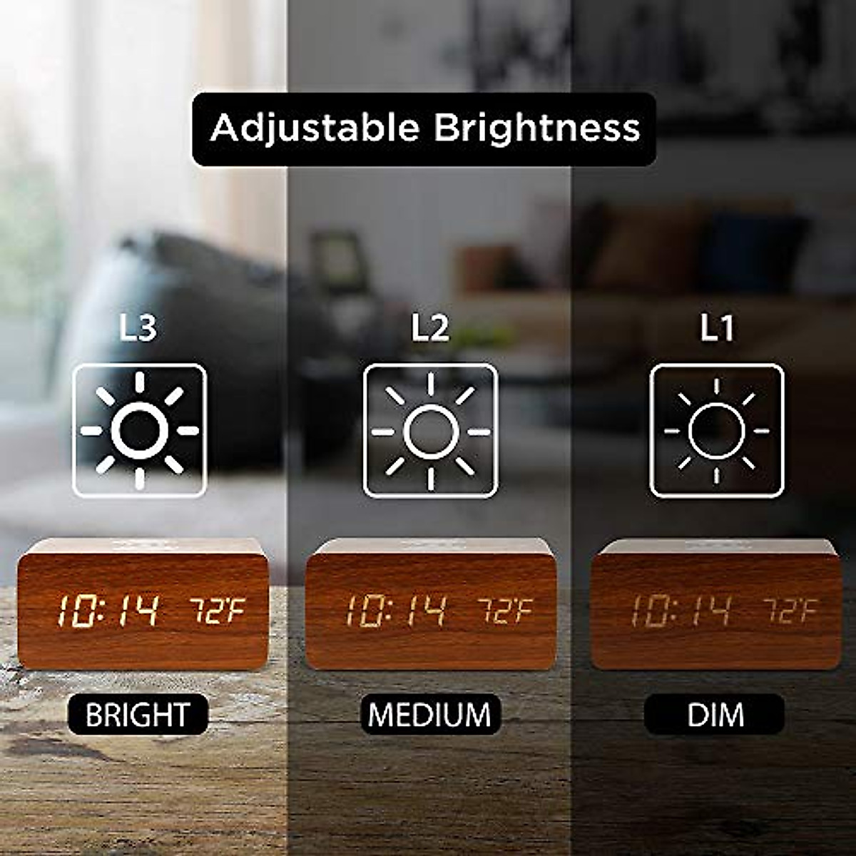 OCT17 Alarm Clock with Qi Wireless Charging Pad Compatible with iPhone Samsung Wood LED Digital Clock Sound Control Function, Time Date, Temperature Display for Bedroom Office Home- Brown