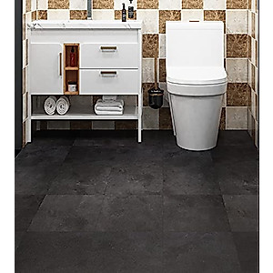 Livelynine 32-Pack Removable Floor Tiles Peel and Stick Flooring Charcoal Grey Vinyl Flooring Waterproof Bathroom Floor Tile Stickers Stick On Laminate Flooring Sticky Linoleum Flooring 12X12 Inch