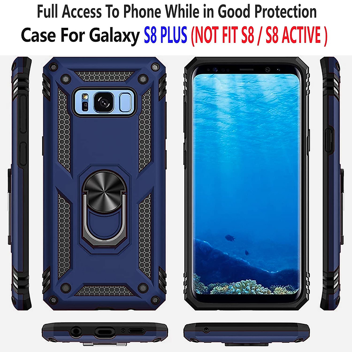 STARSHOP Samsung Galaxy S8 Plus Case, with [Tempered Glass Screen Protector Included] Military Grade Shockproof Dual Layer Protective Phone Cover with Metal Ring Kickstand - Navy