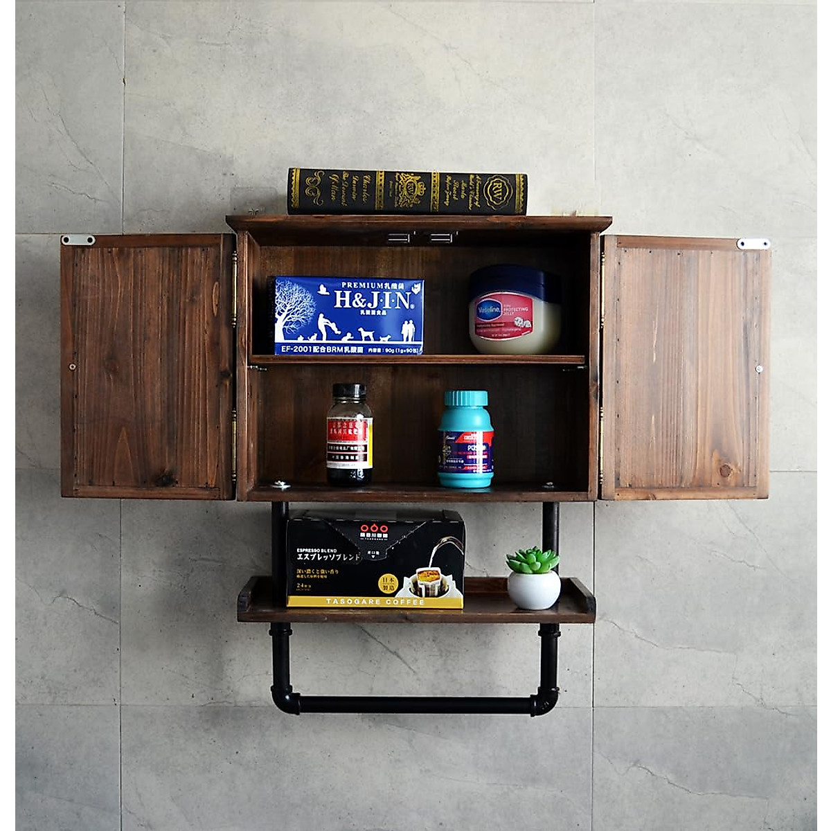 Juleduo 23.1x16.9'' Bathroom Wall Cabinet with Adjustable Wall Shelf & Towel Bar Double Doors Medicine Cabinet Wall Mounted with Hanging Bar, Rustic Wood Storage Kitchen (Black)