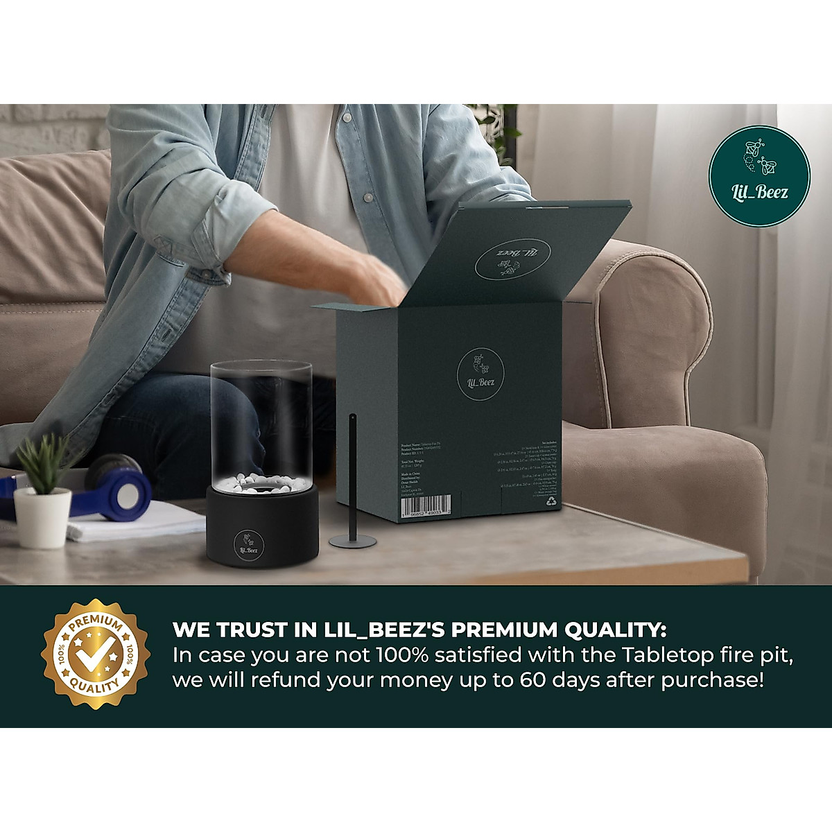 LIL_BEEZ Tabletop Fire Pit - Stainless Steel Portable Fire Pit - Crack-Resistant Small Indoor Table Firepit - Mini Fireplace with Borosilicate Glass