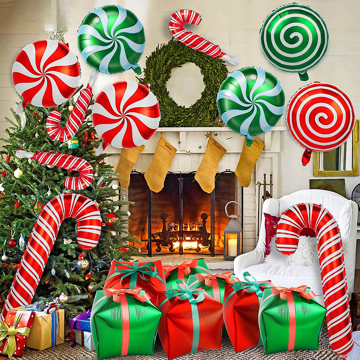 30Pcs Christmas Foil Balloons, Large Candy Cane Swirl Mylar Balloons with Ribbons, Red Green Balloons for Birthday and Candies Theme Party Decorations