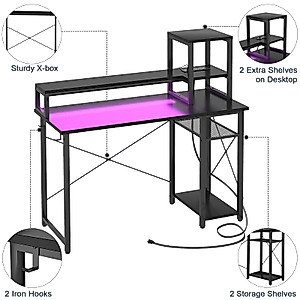 armocity 2024 Upgrade Gaming Desk with LED Lights, Small Computer Desk with Long Monitor Stand, 40'' Reversible Laptop Table with Storage Shelves, Small Desk for Small Spaces, Gaming Room, Black
