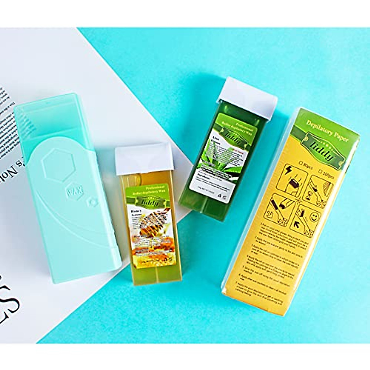 Portable Waxing Roller Kit for Hair Removal,Roll on Waxer,Rolling Wax,Waxing Kit for Women and Men,1 Portable Wax Warmer (Heater), 2 Roll On Wax Cartridge,100pcs Depilatory Paper (Green)