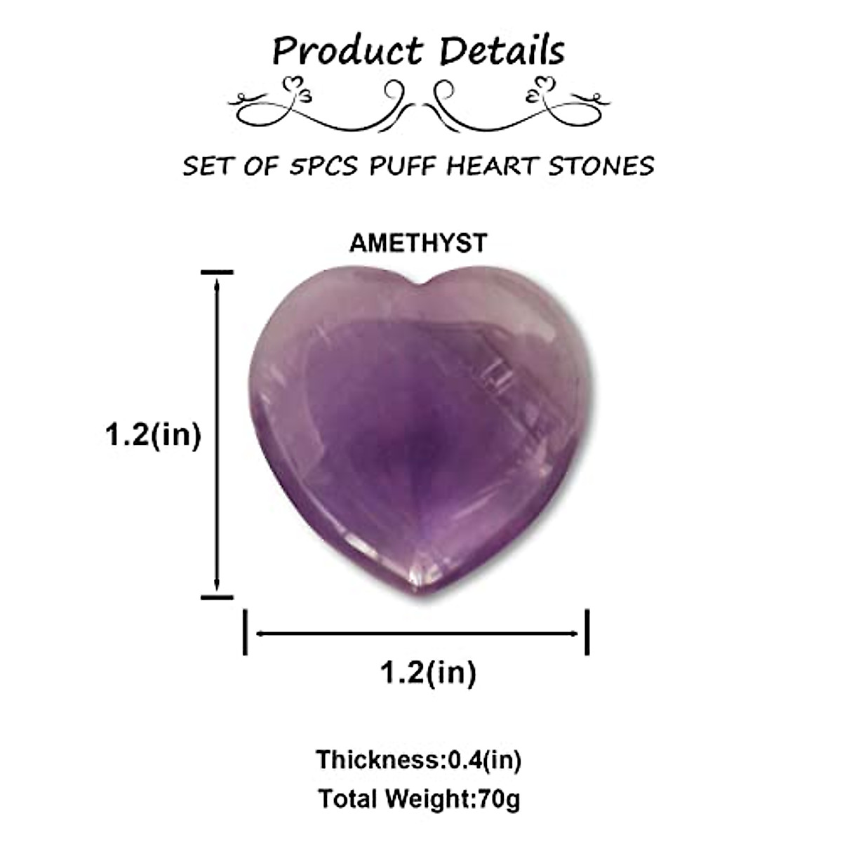 Goplemo Amethyst Heart Crystals Natural Healing Crystals Heart Love Stones 1.2 Inches Polished Carved Pocket Palm Rocks Reiki Balancing Meditation with Gift Bag 5pcs