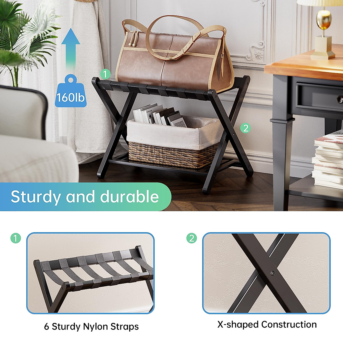 SMIBUY Luggage Rack, Foldable Bamboo Suitcase Stand with Storage Shelf for Guest Room, Bedroom, Hotel, Heavy-Duty, 1 Pack (Black)