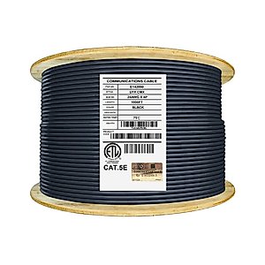 Elite Cat5e Outdoor Cable. CMX - UV Resistant, 1000ft, UL Listed, 24AWG, Unshielded, 350MHz, Bulk Reel, Black
