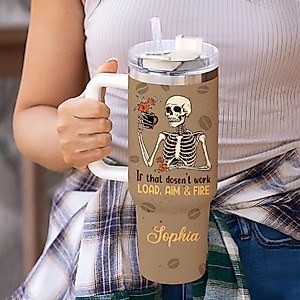Hyturtle Personalized Goth Skull Tumbler - Gifts For Skeleton Lovers - Horror Lovers Gifts - Halloween Holiday Gifts For Women - Skeleton Gifts - Custom Name Travel Coffee Cup 40oz With Lid And Straw