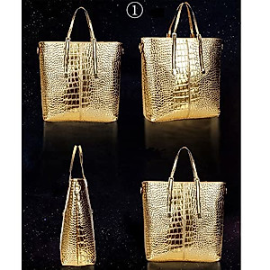 Downupdown Women Handbags and Purses Set Crocodile Pattern Tote Bags Top Handle Handbags Wristlets Wallet Shoulder Bag Satchel 3 Pcs with Shoulder Strap-Black