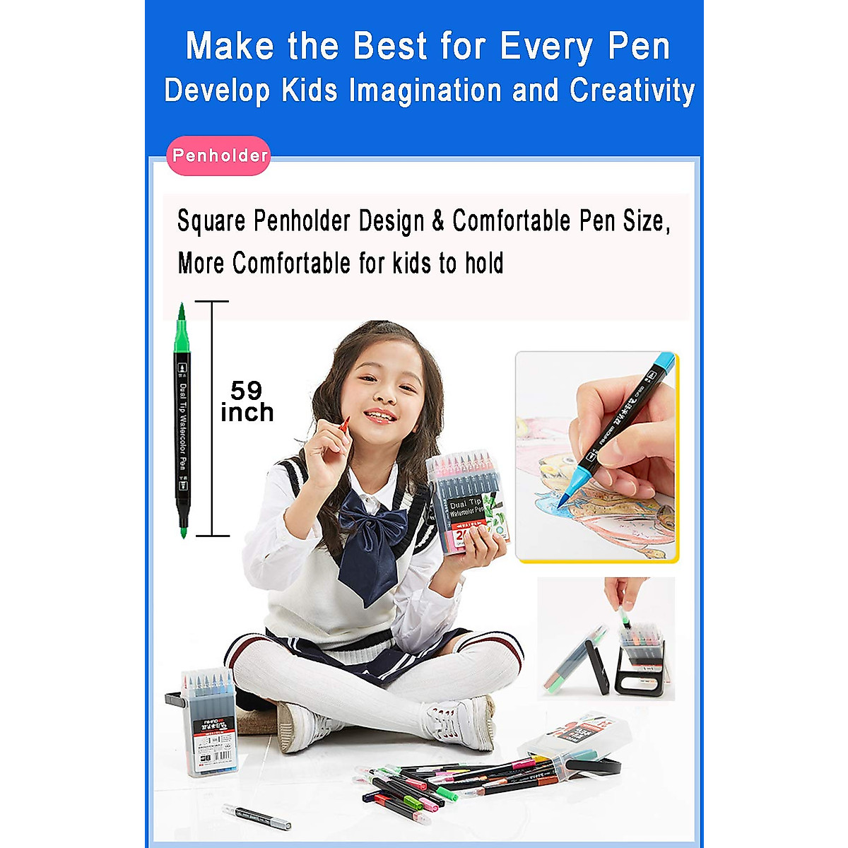 Kekelele Dual Tip Markers for Kids, Washable Set, Art with Stand Portable Box, Gift For Kids (24 Colours)