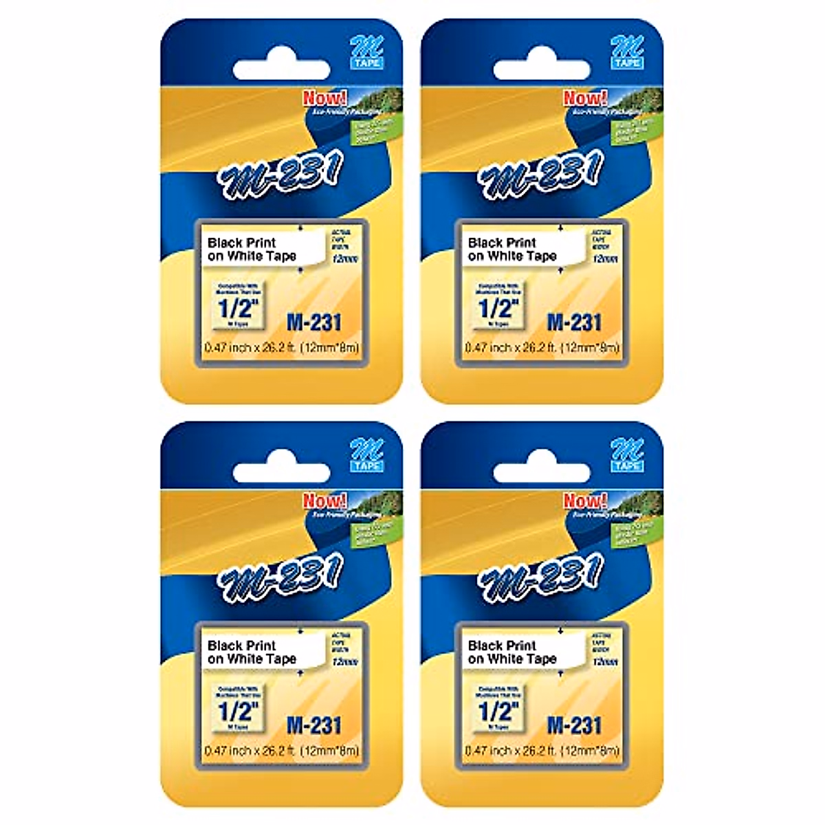 M231 Label Tape Replacement for Brother M-231 M-K231 MK231 , 0.47 Inch x 26.2 Feet, Used in PT-M95 PT-90 PT-80 PT-70BM PT-70SR PT-70 PT-65 Marker, Black on White, 4P-Black White