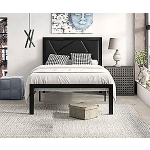 SHA CERLIN Modern Twin Size Metal Bed Frame with Geometric Litchi Grain Leather Headboard, Platform Bed with 12" Underbed Storage Space, Metal Slat Support, Noise Free, No Box Spring Needed, Black