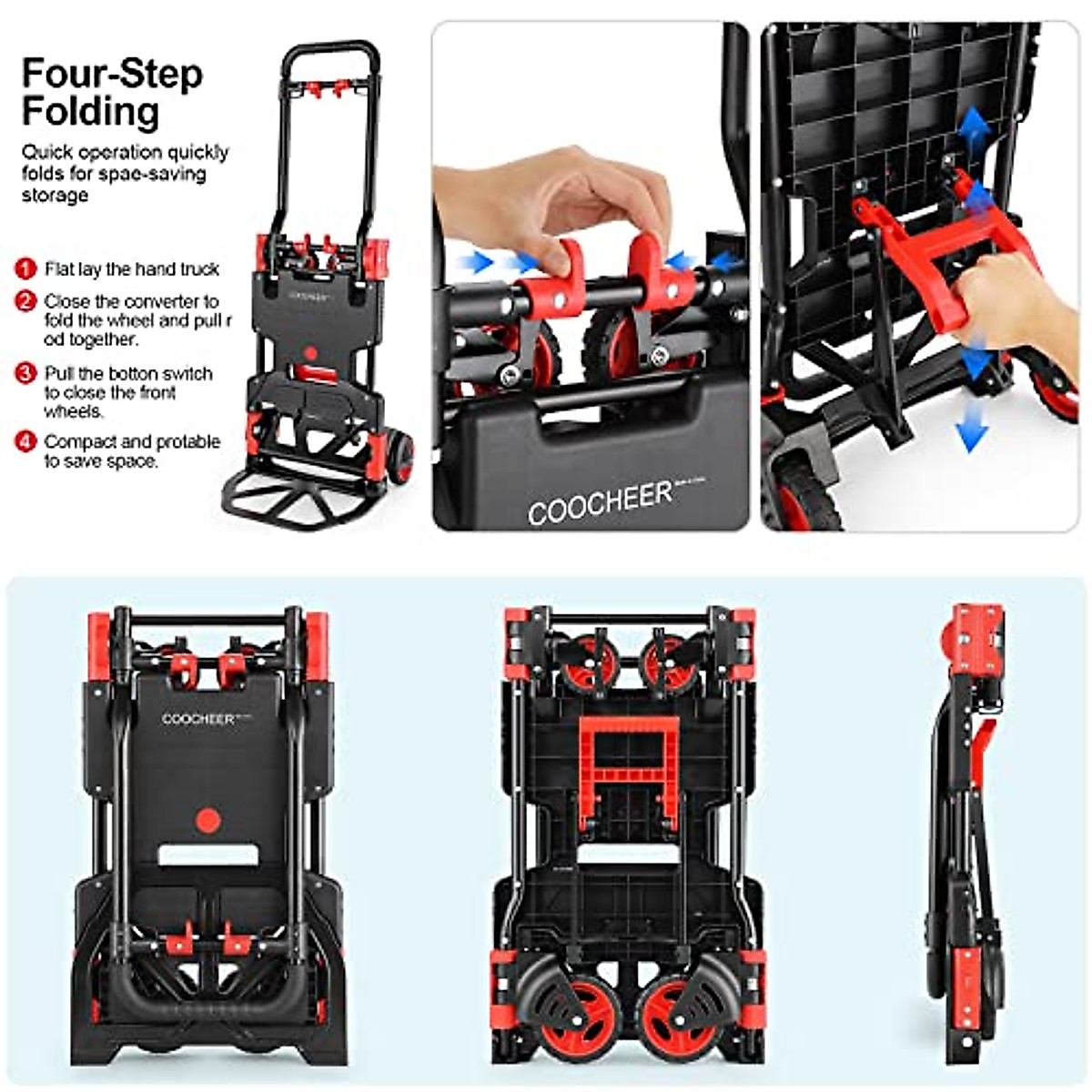 330LB Folding Hand Truck Heavy Duty Carrying, Combination of Four Wheels and Two Wheels Convertible Dolly Cart with Retractable Handle Dolly for Moving Office Carts
