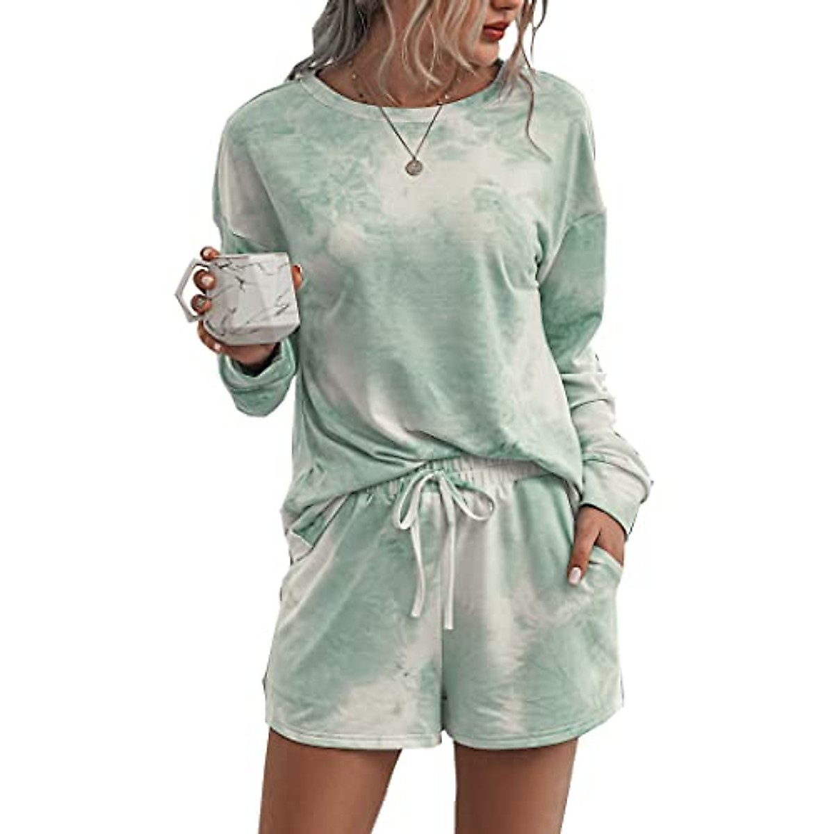 PRETTYGARDEN Women’s Tie Dye Printed Pajamas Set Long Sleeve Tops with Shorts Lounge Set Casual Two-Piece Sleepwear Green