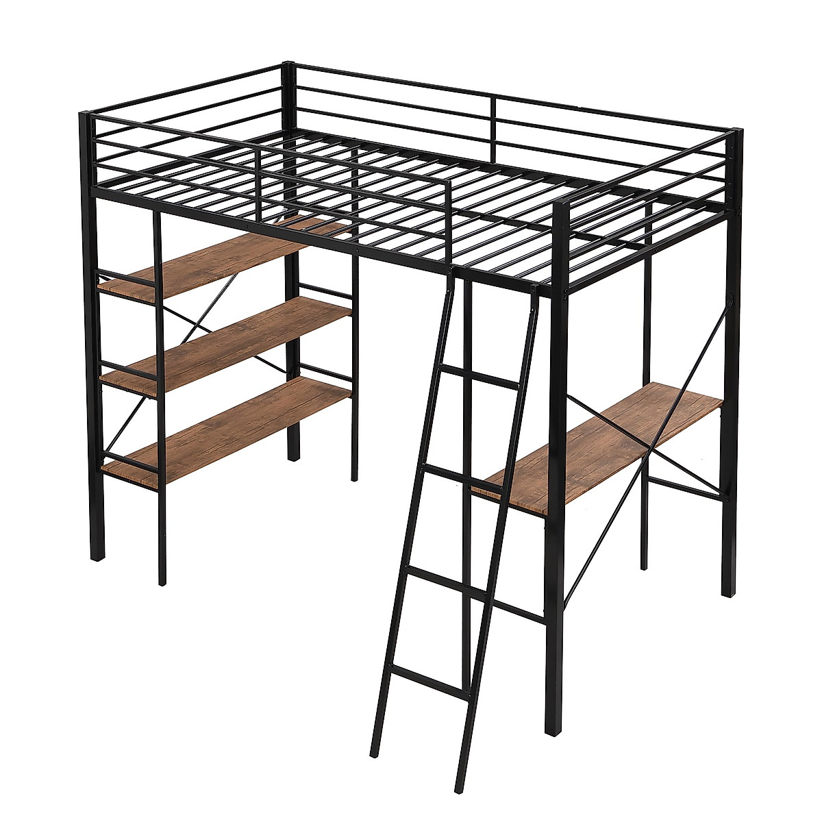 Kids Metal Loft Bed Twin Size, Twin Loft Bed with Desk and Storage, Twin Size Loft Bed with Full Length Guardrail and Ladder, Heavy Duty Loft Bed for Kids, (Twin Black)